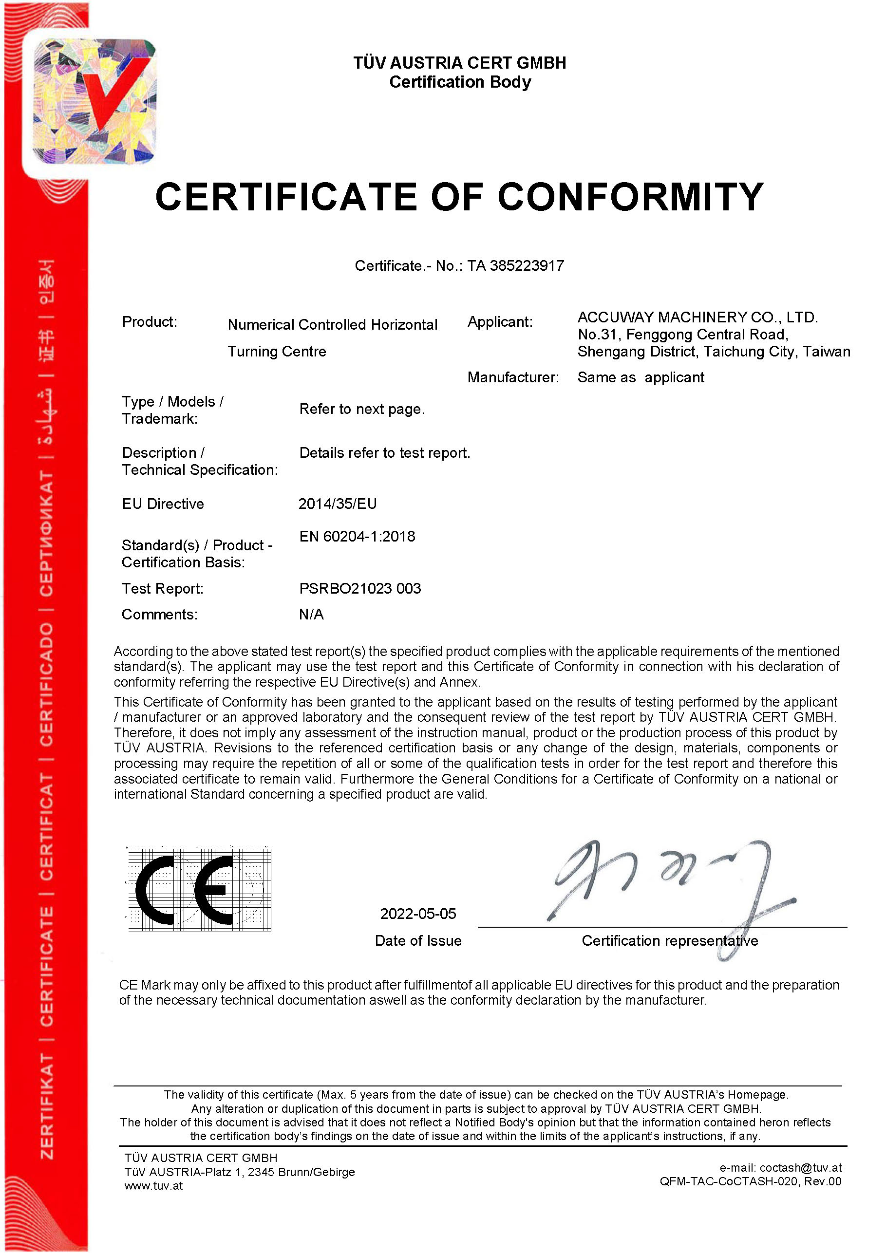 Certifications | ACCUWAY MACHINERY CO., LTD.